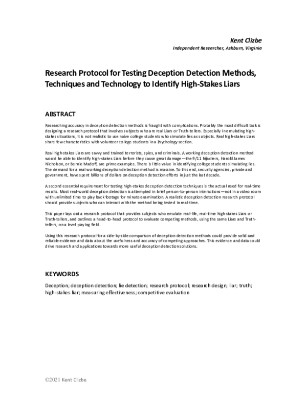 Pdf Research Protocol For Testing Deception Detection Methods
