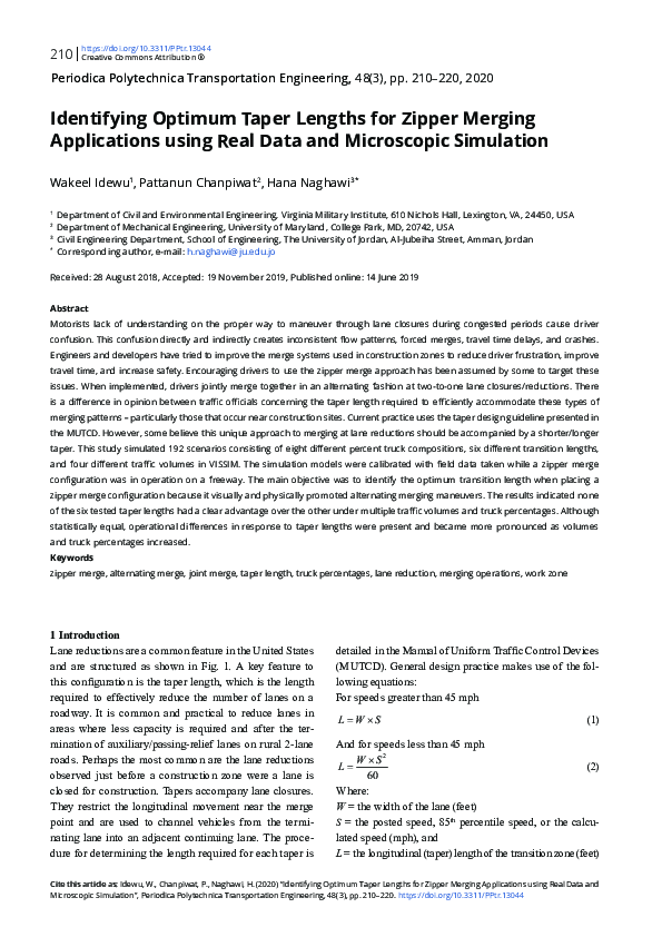 (PDF) Identifying Optimum Taper Lengths for Zipper Merging Applications ...