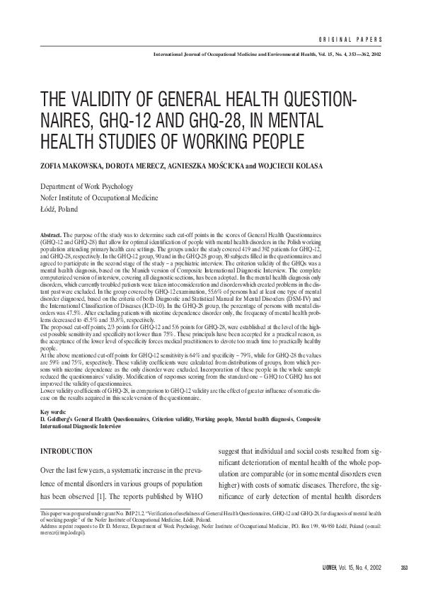 (PDF) The validity of general health questionnaires, GHQ-12 and GHQ-28 ...