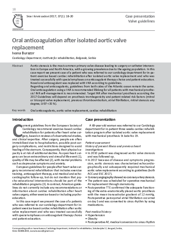 (PDF) Oral anticoagulation after isolated aortic valve replacement