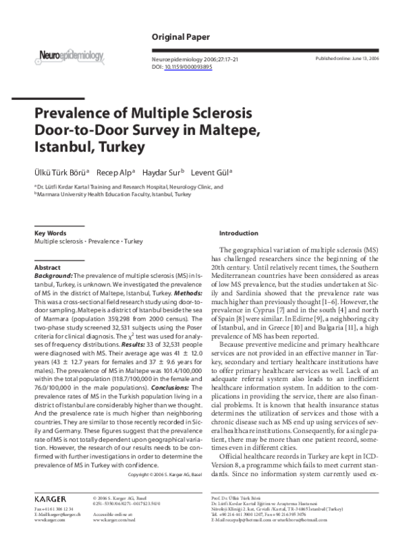 (PDF) Prevalence of Multiple Sclerosis Door-to-Door Survey in Maltepe ...