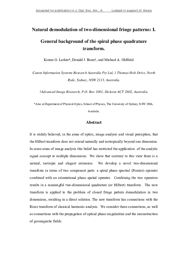 (PDF) Natural demodulation of two-dimensional fringe patterns. I. General background of the ...