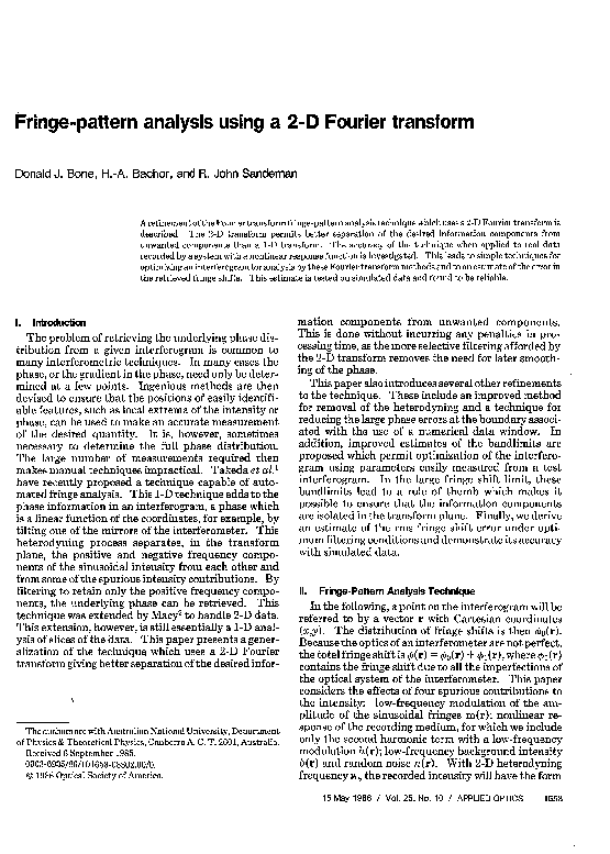 Pdf Fringe Pattern Analysis Using A 2 D Fourier Transform Don Bone