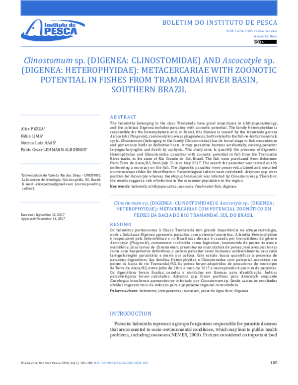 (PDF) Clinostomum sp. (Digenea: Clinostomidae) and Ascocotyle sp ...