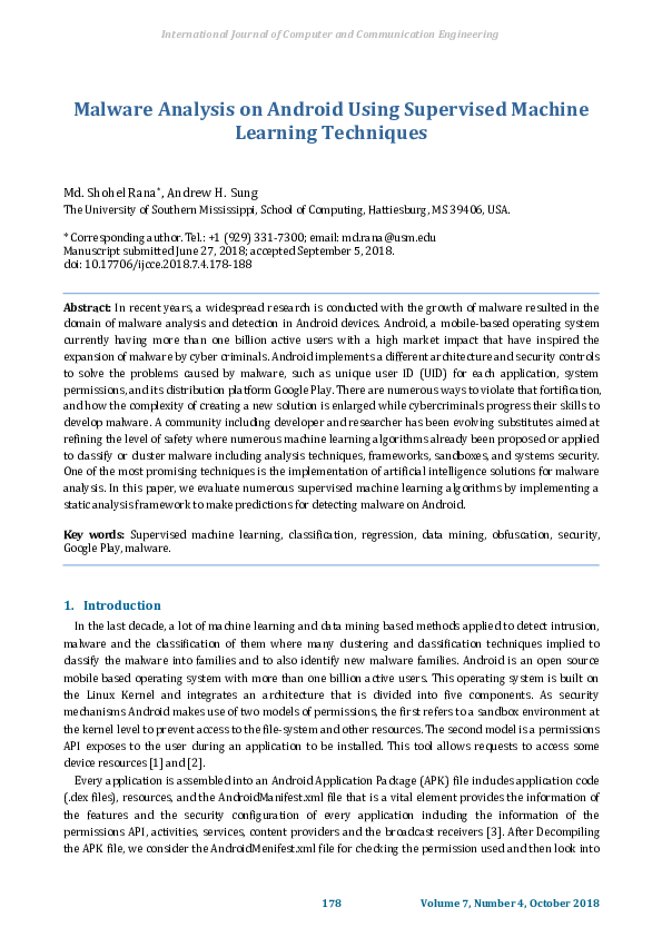 (PDF) Malware Analysis on Android Using Supervised Machine Learning Techniques
