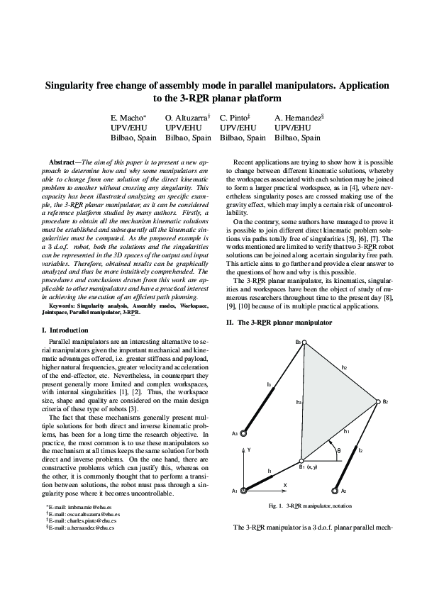(PDF) Singularity free change of assembly mode in parallel manipulators: Application to the 3RPR ...