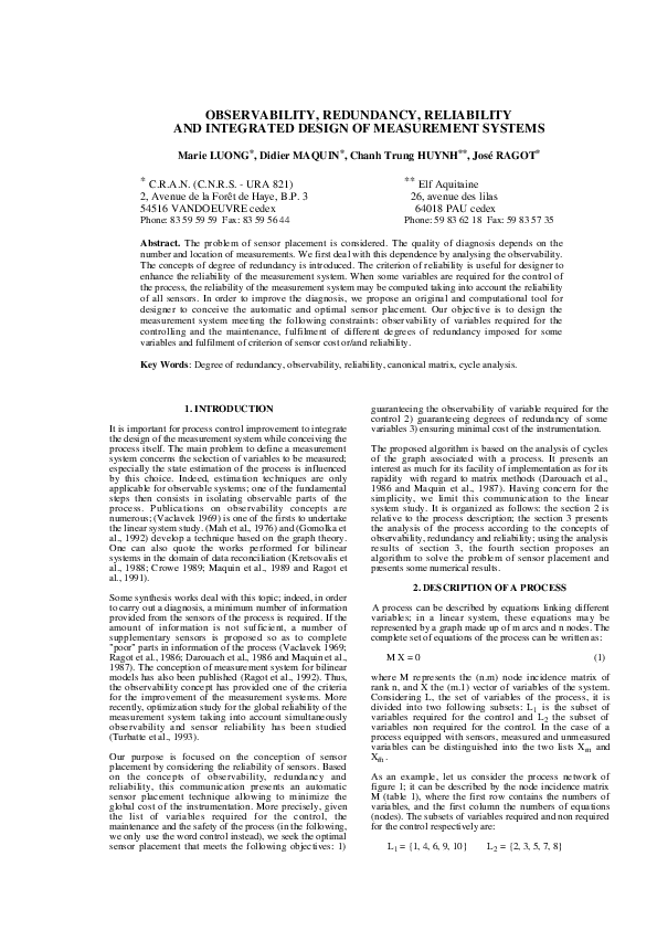 (PDF) Observability, redundancy, reliability and integrated design of measurement systems