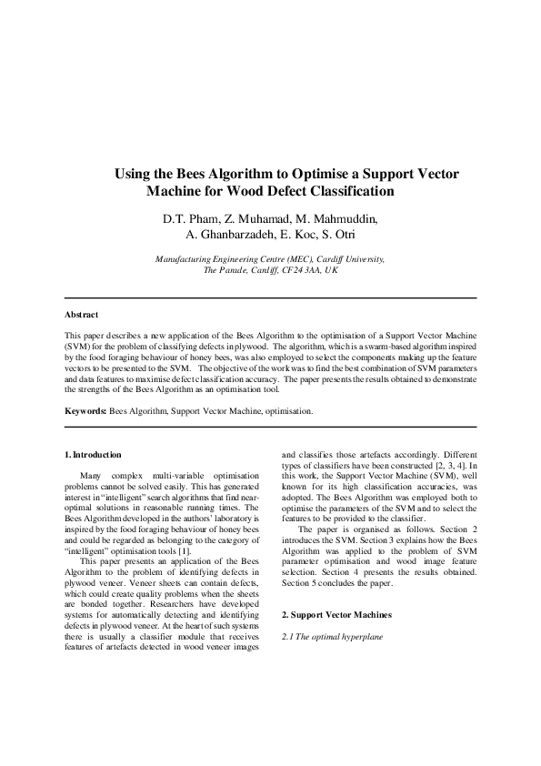(PDF) Using the bees algorithm to optimise a support vector machine for wood defect classification