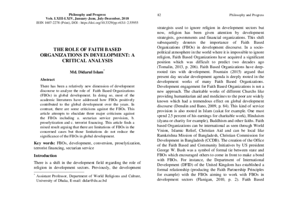 (PDF) The Role of Faith Based Organizations in Development: A Critical ...