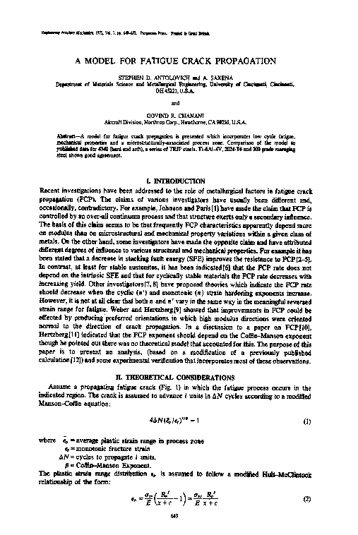 (PDF) A model for fatigue crack propagation