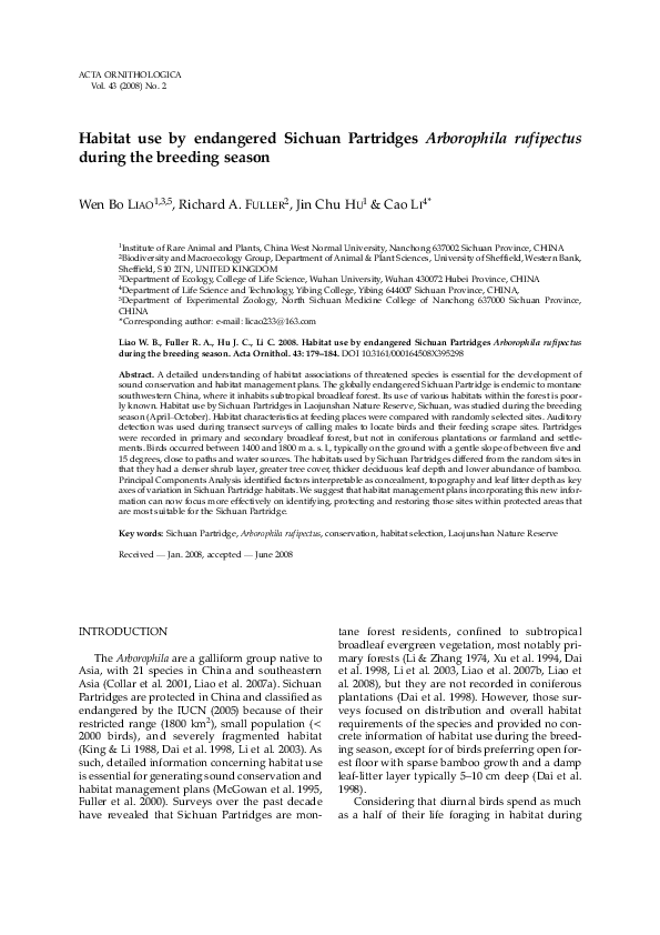 (PDF) Habitat use by endangered Sichuan Partridges Arborophila ...