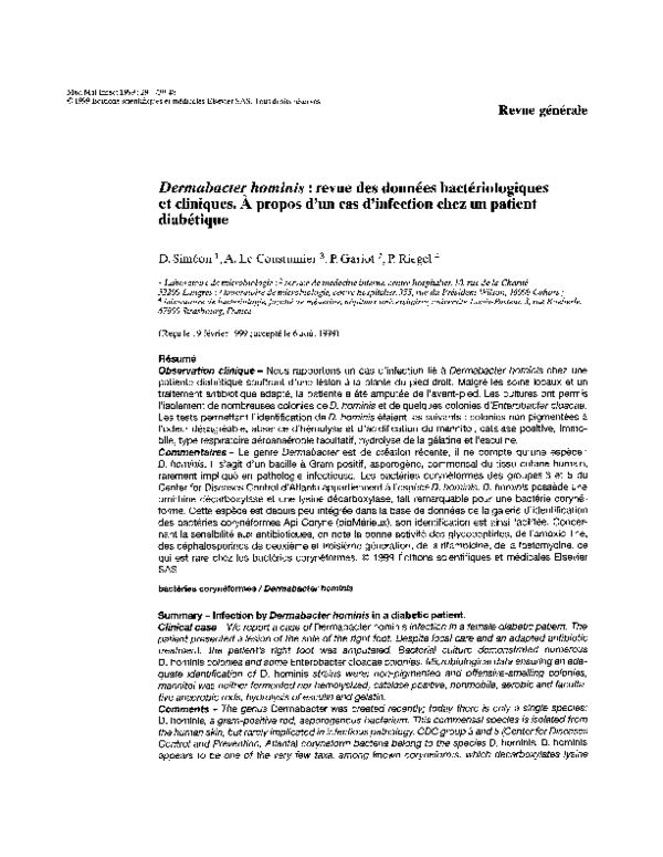 (PDF) Dermabacter hominis: revue des données bactériologiques et ...
