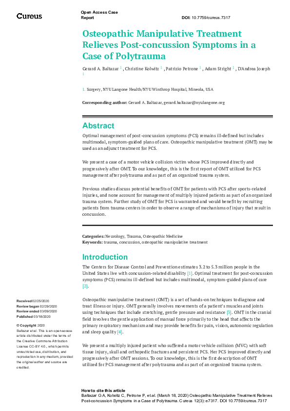 (PDF) Osteopathic Manipulative Treatment Relieves Post-concussion ...