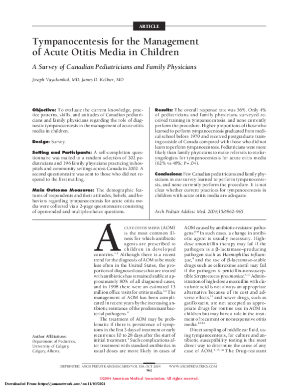(PDF) Tympanocentesis for the Management of Acute Otitis Media in Children