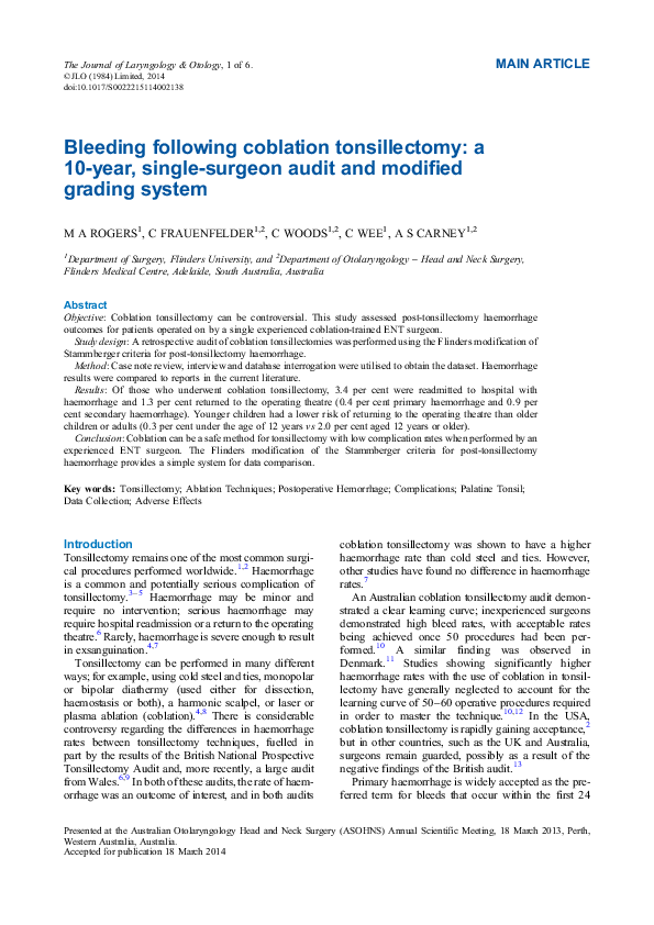 (PDF) Bleeding following coblation tonsillectomy: a 10-year, single ...