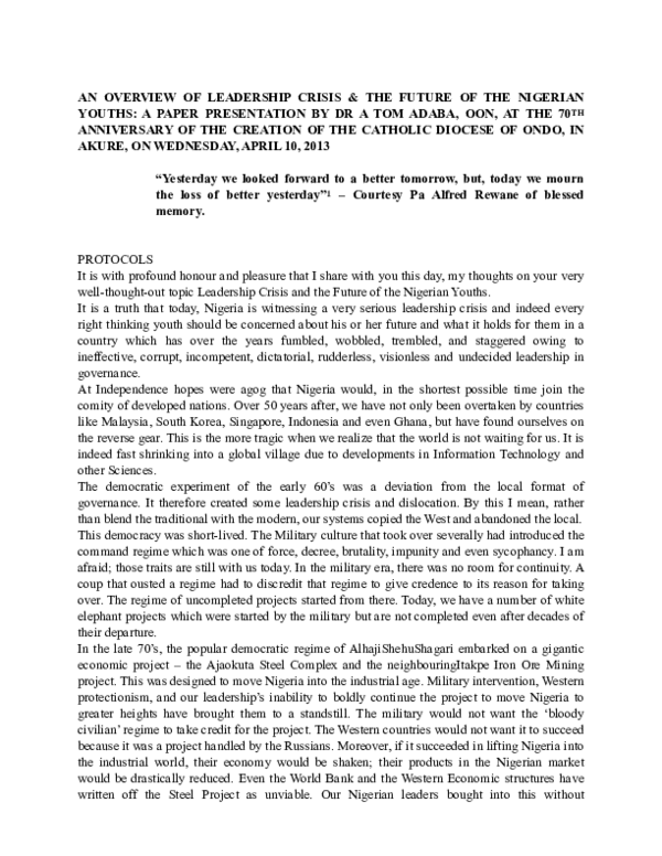 (PDF) Leadership Crisis and Nigerian Youths' Future