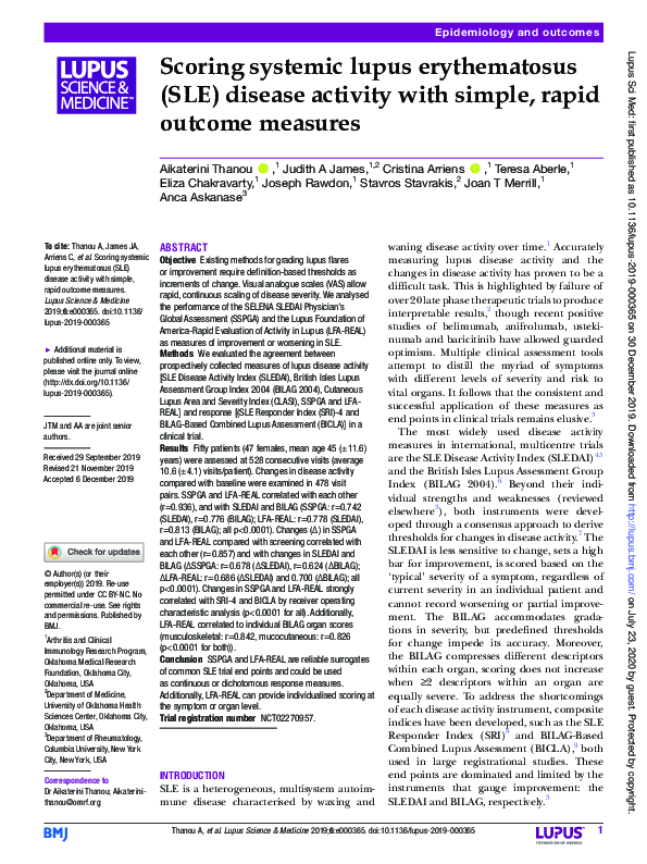 (PDF) Scoring systemic lupus erythematosus (SLE) disease activity with simple, rapid outcome ...