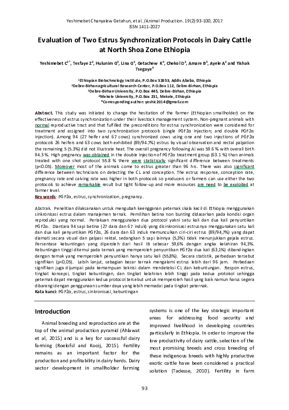 Pdf Evaluation Of Two Estrus Synchronization Protocols In Dairy Cattle At North Shoa Zone Ethiopia