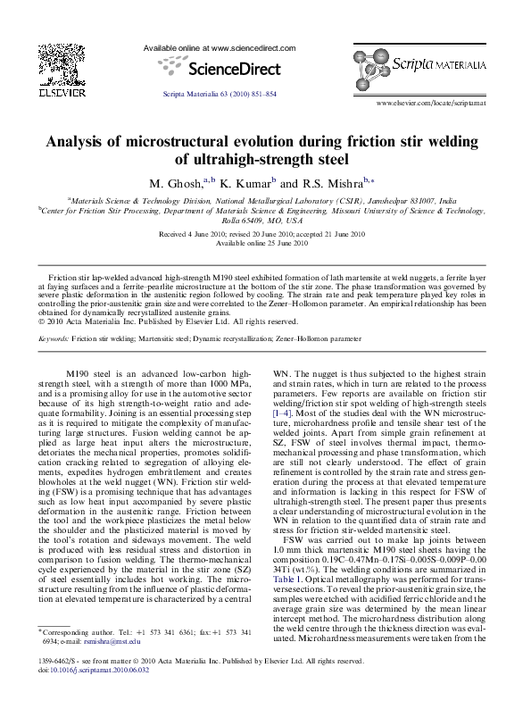 Pdf Analysis Of Microstructural Evolution During Friction Stir Welding Of Ultrahigh Strength Steel