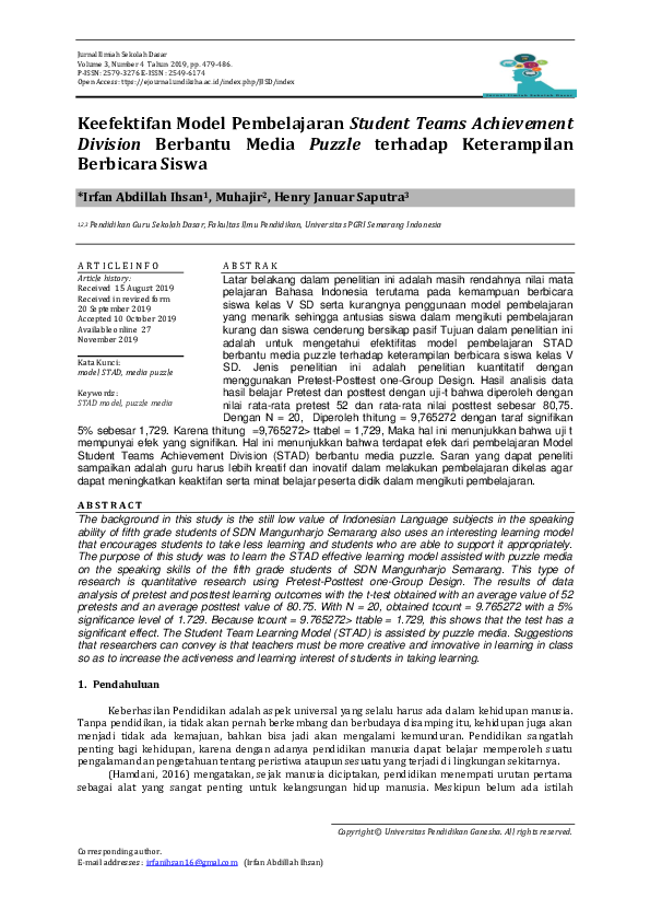 (PDF) Keefektifan Model Pembelajaran Student Teams Achievement Division Berbantu Media Puzzle ...