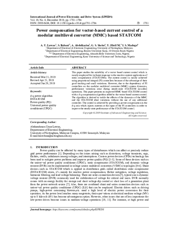 Pdf Power Compensation For Vector Based Current Control Of A Modular Multilevel Converter Mmc