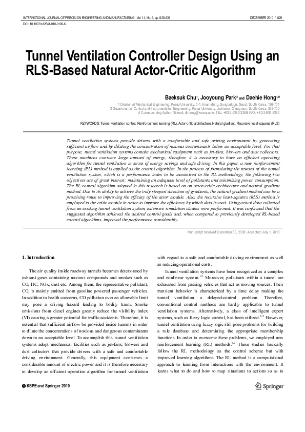 (PDF) Tunnel ventilation controller design using an RLS-based natural actor-critic algorithm