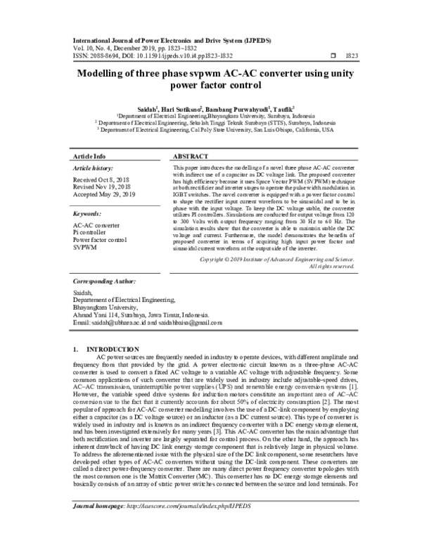 Pdf Modelling Of Three Phase Svpwm Ac Ac Converter Using Unity Power