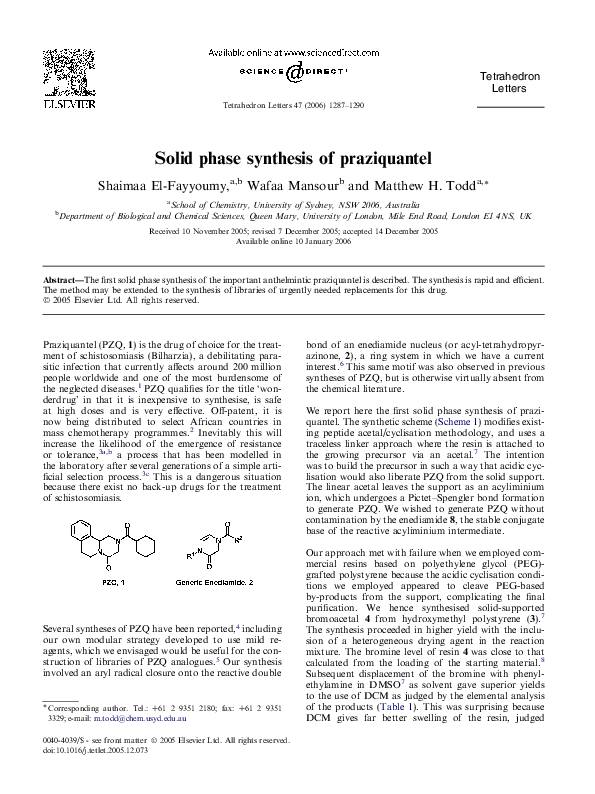 (PDF) Efficient Solid Phase Synthesis of Praziquantel