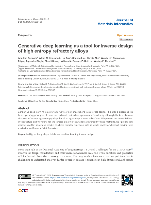 (PDF) Generative deep learning as a tool for inverse design of high entropy refractory alloys