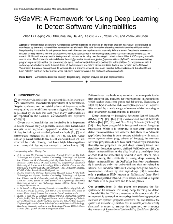 Pdf Sysevr A Framework For Using Deep Learning To Detect Software Vulnerabilities