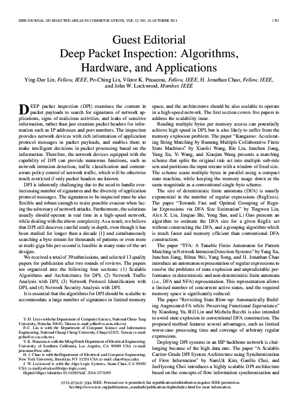 (PDF) Guest Editorial Deep Packet Inspection: Algorithms, Hardware, and ...