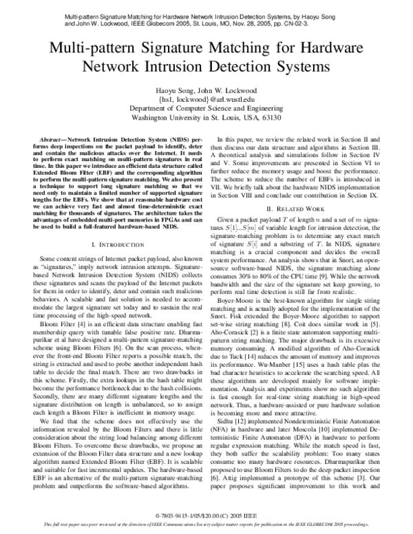 (PDF) Multi-pattern signature matching for hardware network intrusion detection systems