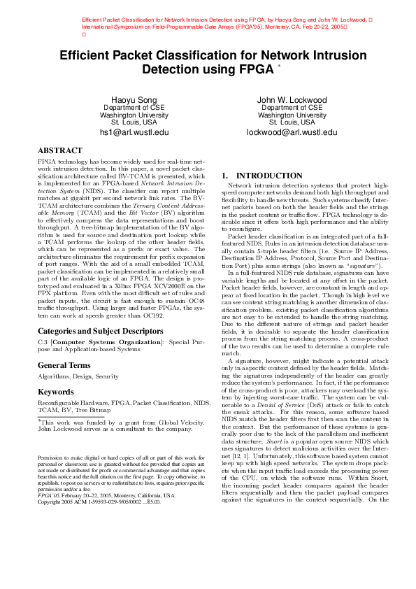 Pdf Efficient Packet Classification For Network Intrusion Detection Using Fpga John W