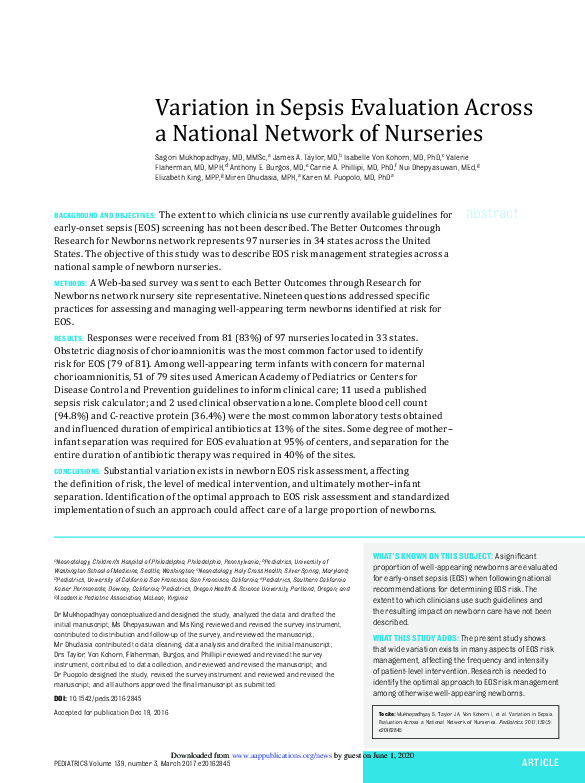 (PDF) Variation in Sepsis Evaluation Across a National Network of Nurseries