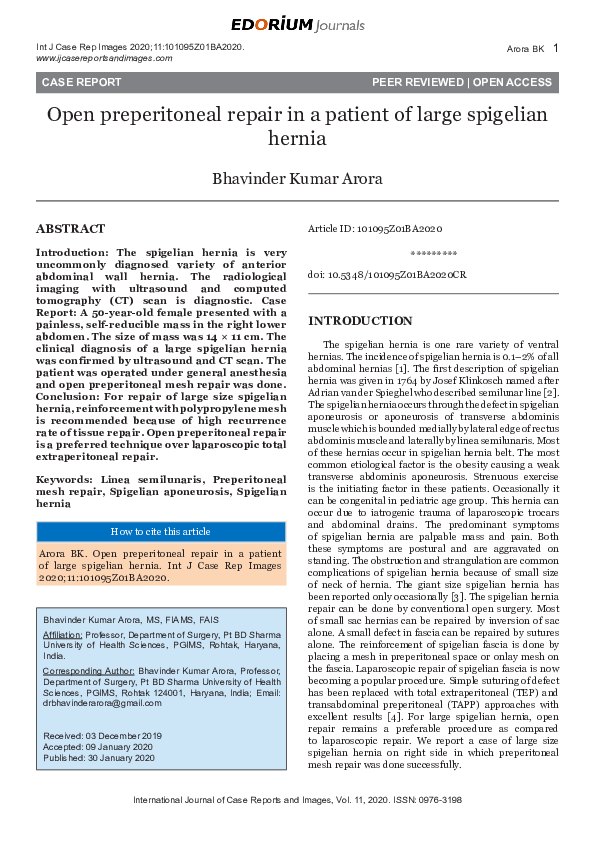 (PDF) Open preperitoneal repair in a patient of large spigelian hernia ...