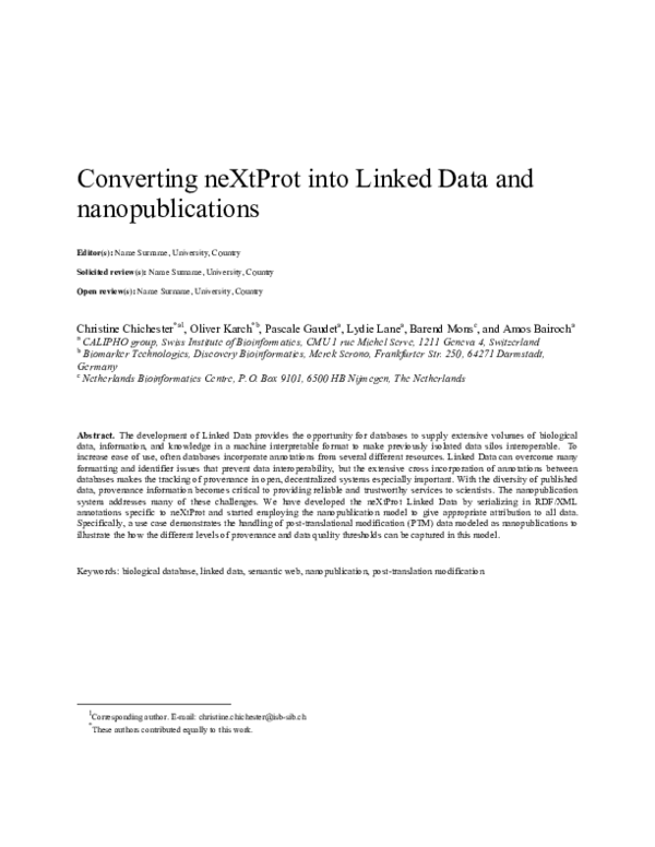 (PDF) Converting neXtProt into Linked Data and nanopublications | Oliver Karch - Academia.edu