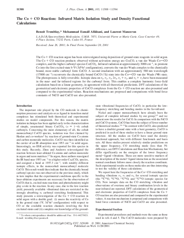 (PDF) The Co+ CO Reaction: Infrared Matrix Isolation Study and Density ...