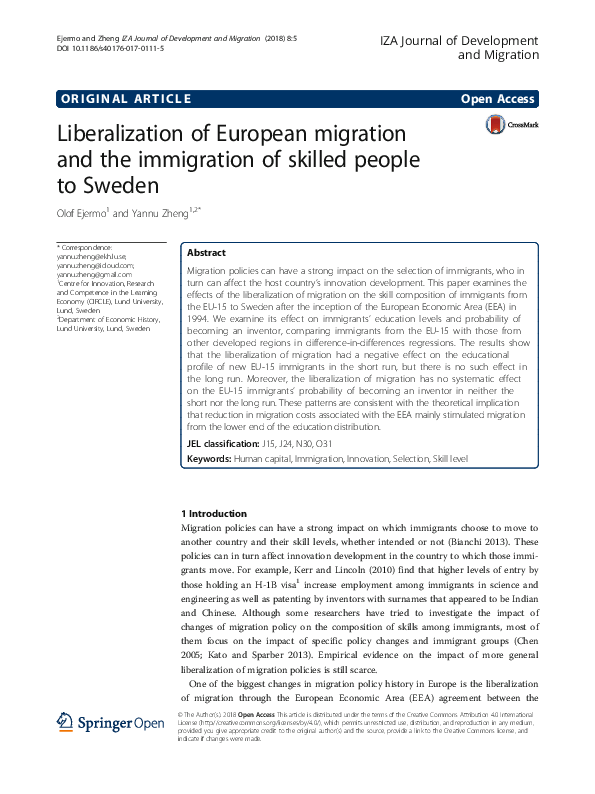 (PDF) Impact of EEA Liberalization on Skilled Migration to Sweden