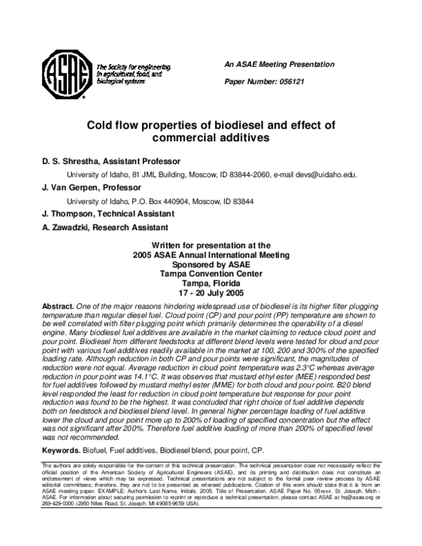 (PDF) Cold flow properties of biodiesel and effect of commercial additives