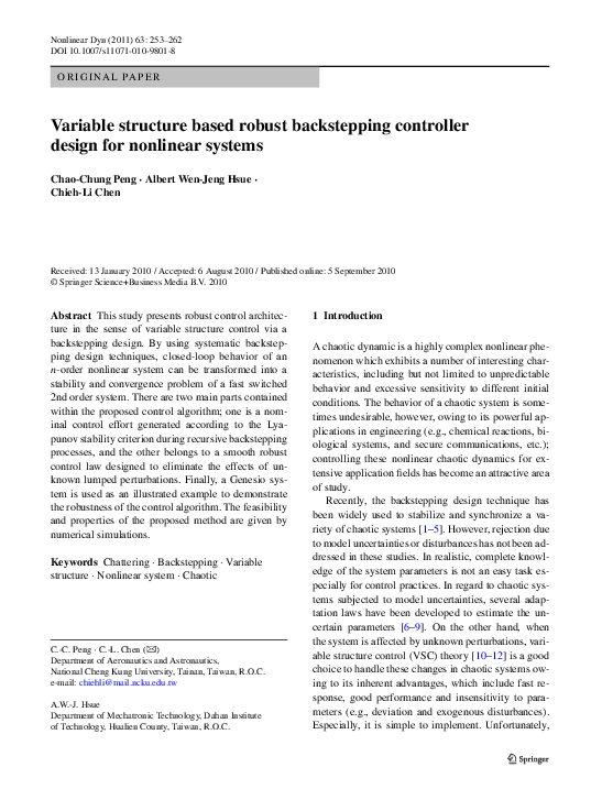 Pdf Variable Structure Based Robust Backstepping Controller Design For Nonlinear Systems
