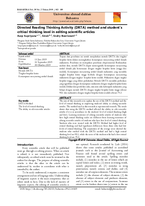 (PDF) Metode Directed Reading Thinking Activity (DRTA) dan tingkat ...