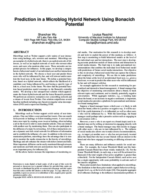 (PDF) Prediction in a Microblog Hybrid Network Using Bonacich Potential