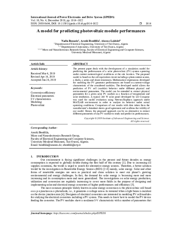 Pdf A Model For Predicting Photovoltaic Module Performances