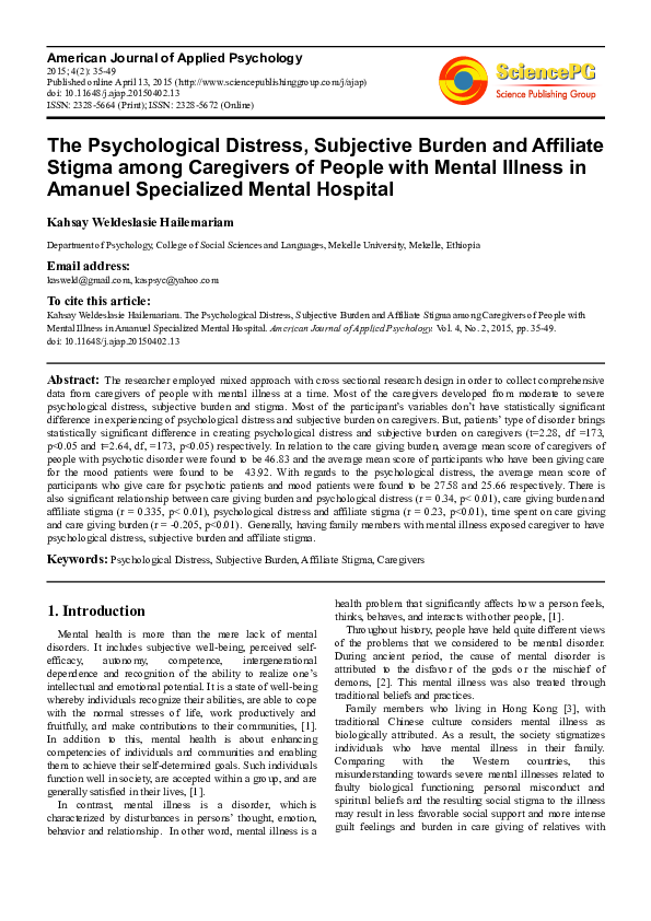 (PDF) The Psychological Distress, Subjective Burden and Affiliate ...