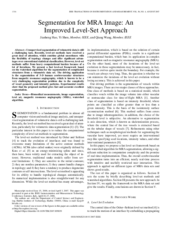 (PDF) Segmentation for MRA Image: An Improved Level-Set Approach