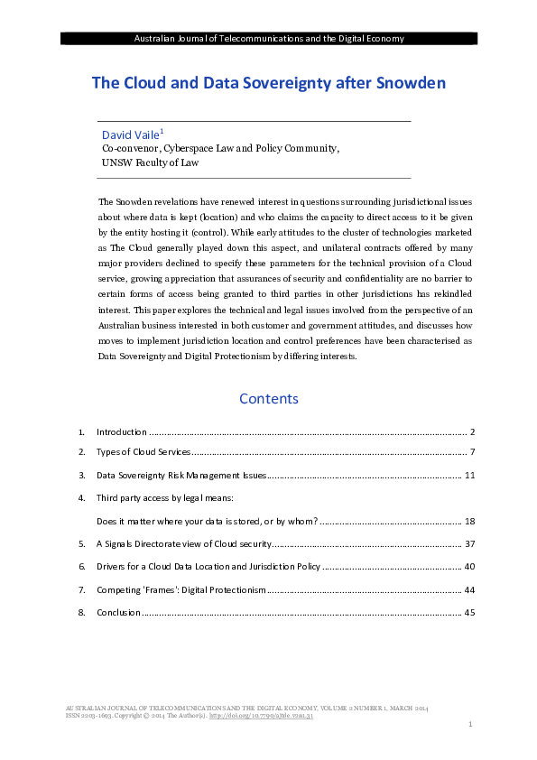 (PDF) The Cloud and data sovereignty after Snowden