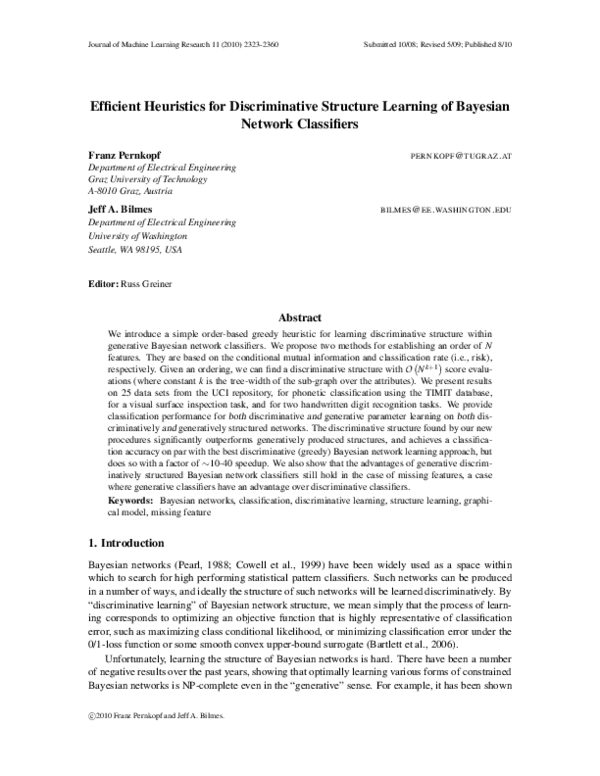 (PDF) Efficient Heuristics for Discriminative Structure Learning of Bayesian Network Classifiers