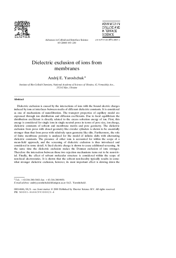 (PDF) Dielectric exclusion of ions from membranes
