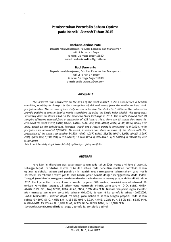 Pdf Pembentukan Portofolio Saham Optimal Pada Kondisi Bearish Tahun 2015