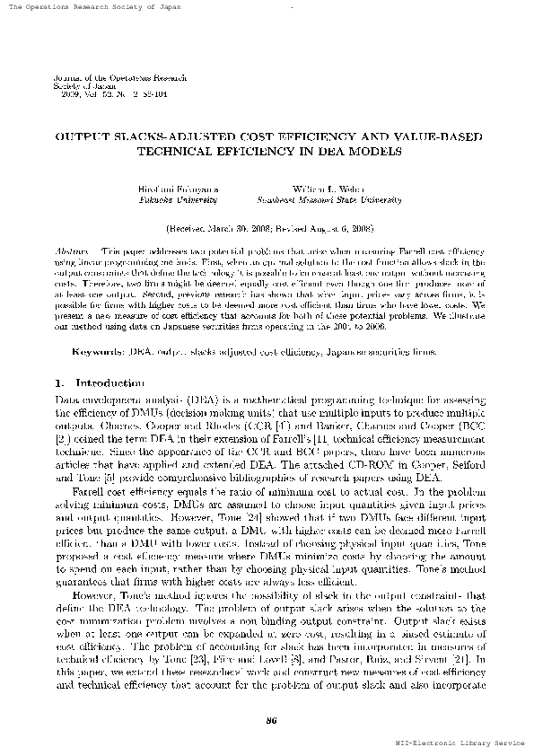 Pdf Output Slacks Adjusted Cost Efficiency And Value Based Technical Efficiency In Dea Models